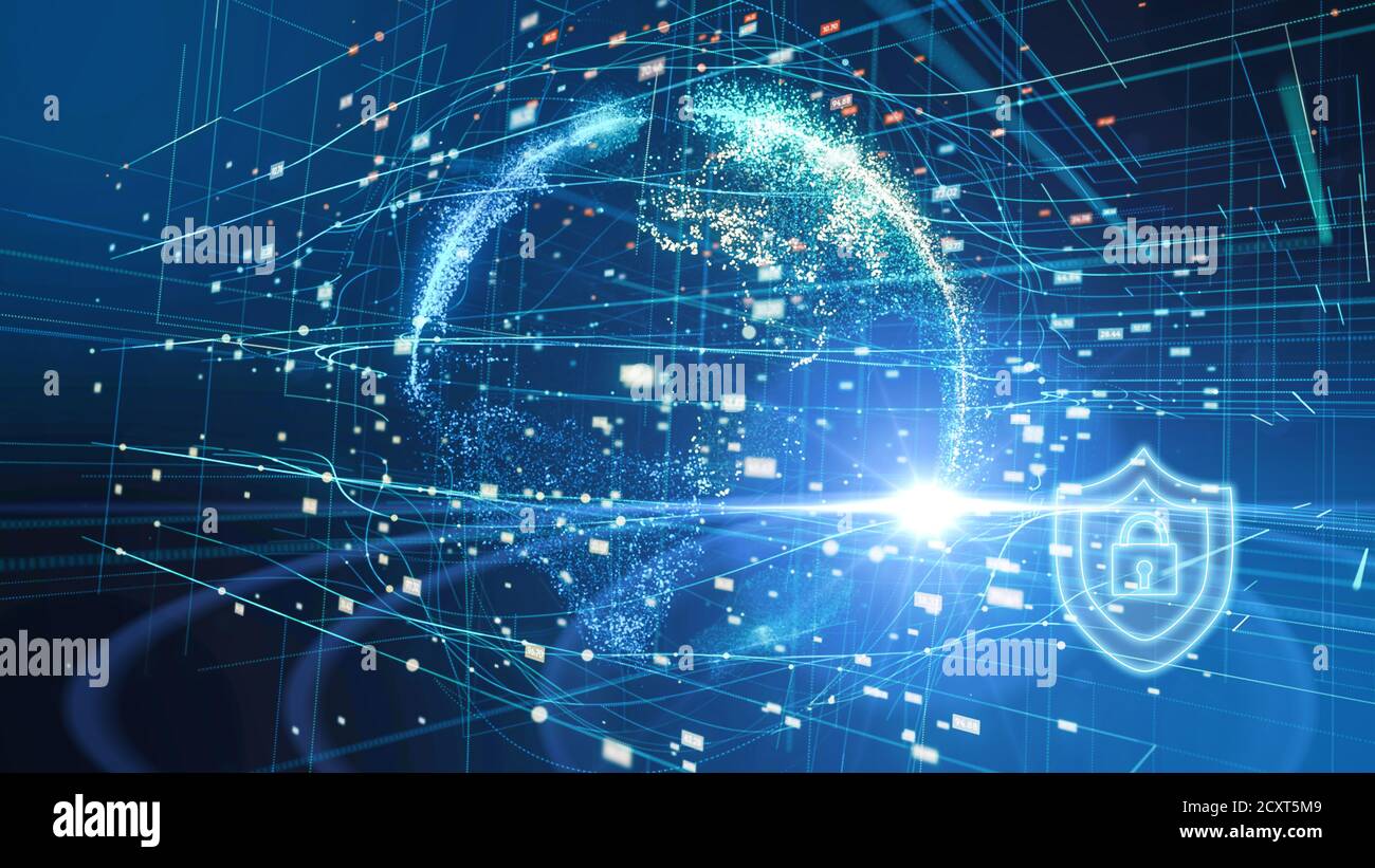 Digital Globe Cyber network with lens security icon.Abstract World Map ...