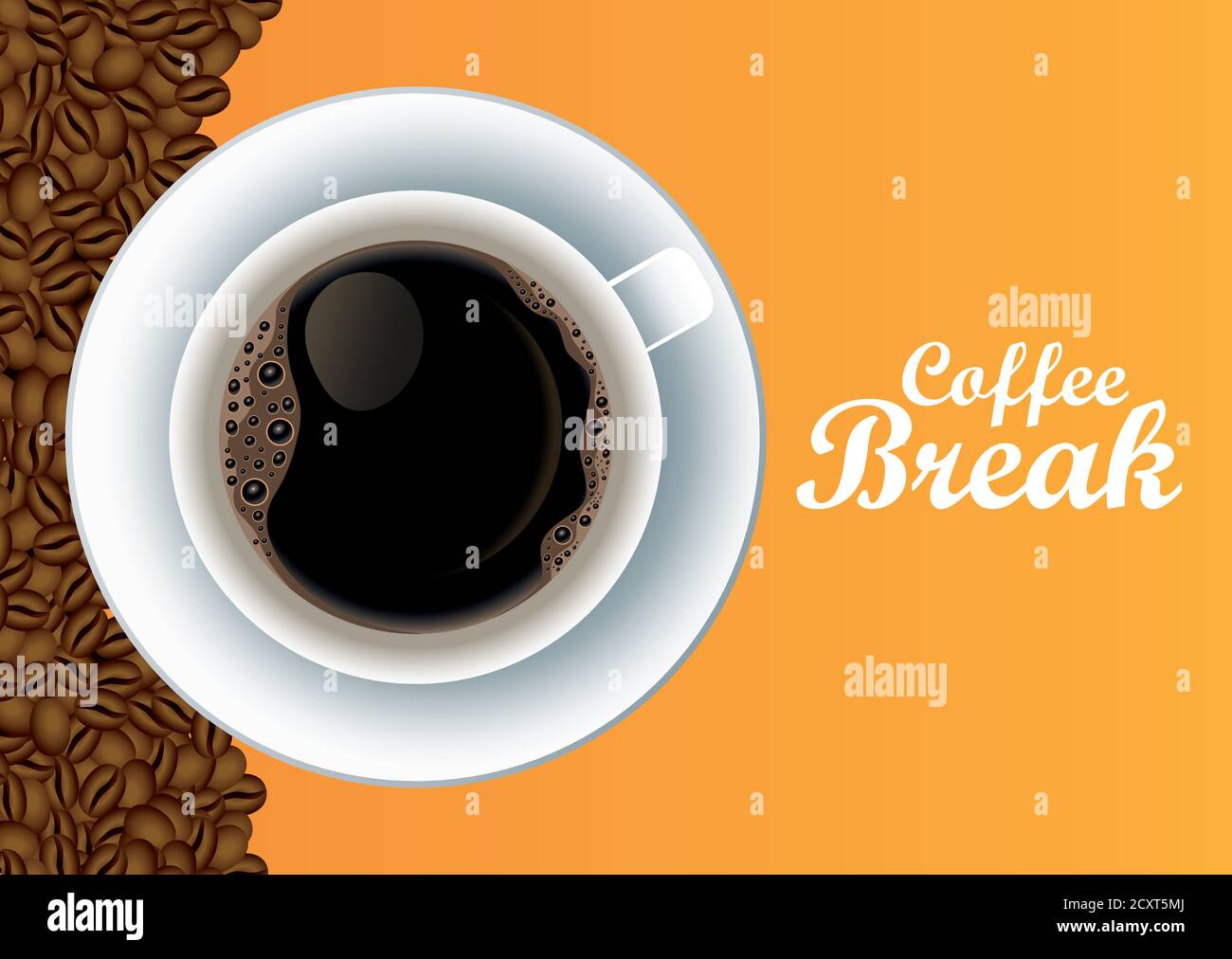 coffee break lettering poster with cup and seeds in yellow background ...