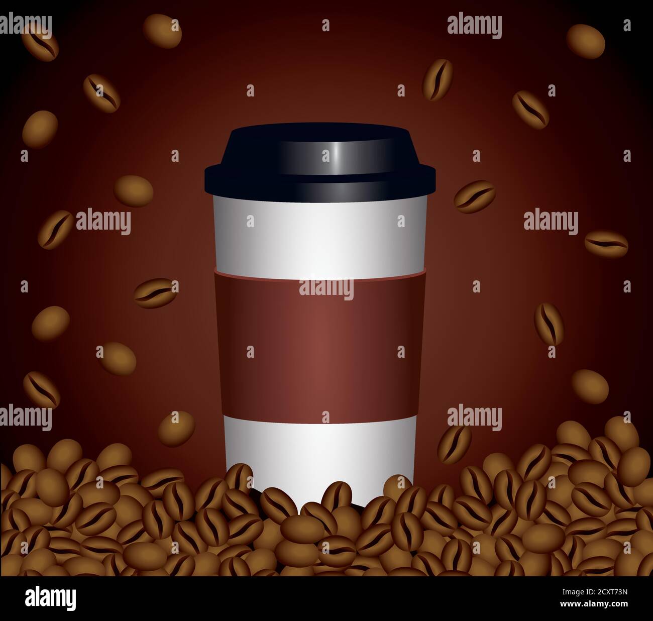 coffee break poster with plastic pot and seeds in brown background ...