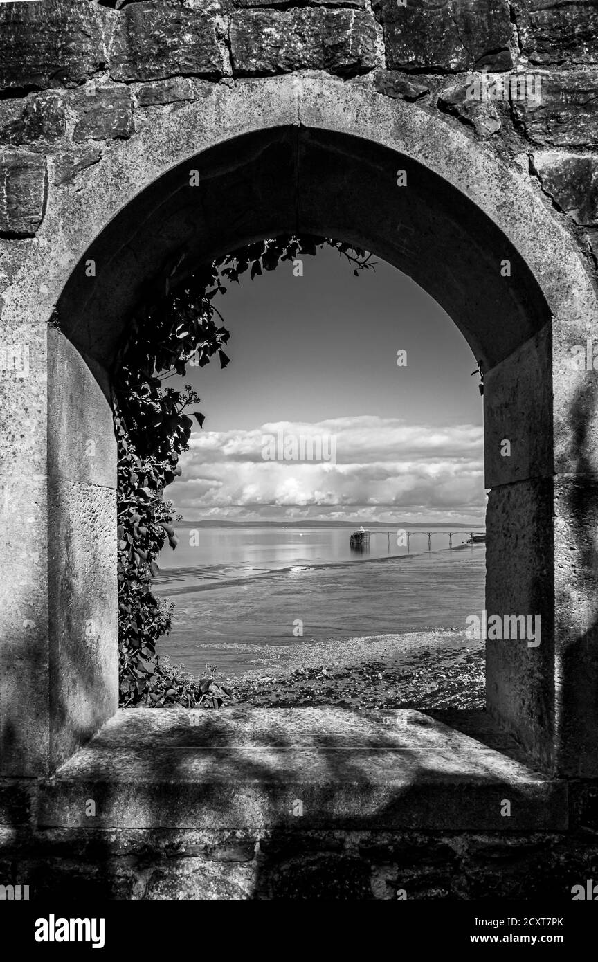 Looking through a Lookout window at the Pier at Clevedon, Somerset ...