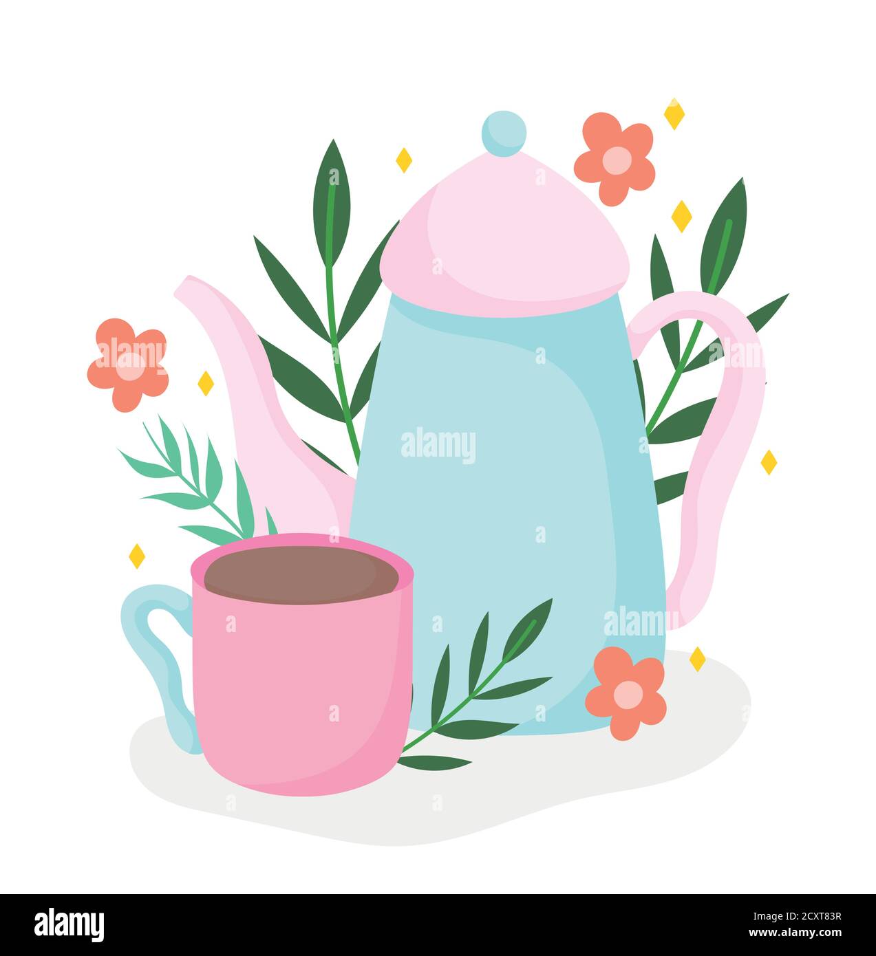 tea time kettle and cup flowers botanical, kitchen ceramic drinkware ...