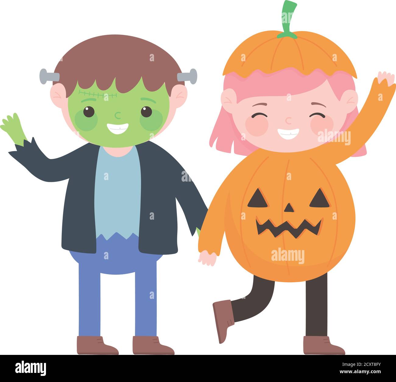 happy halloween, kids with monster and pumpkin costumes vector ...