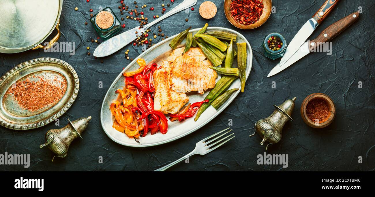 Appetizing fish grenadier roasted with vegetables.Seafood.Long banner ...
