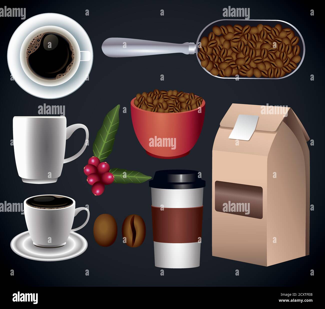 coffee break poster with set icons in black background vector ...