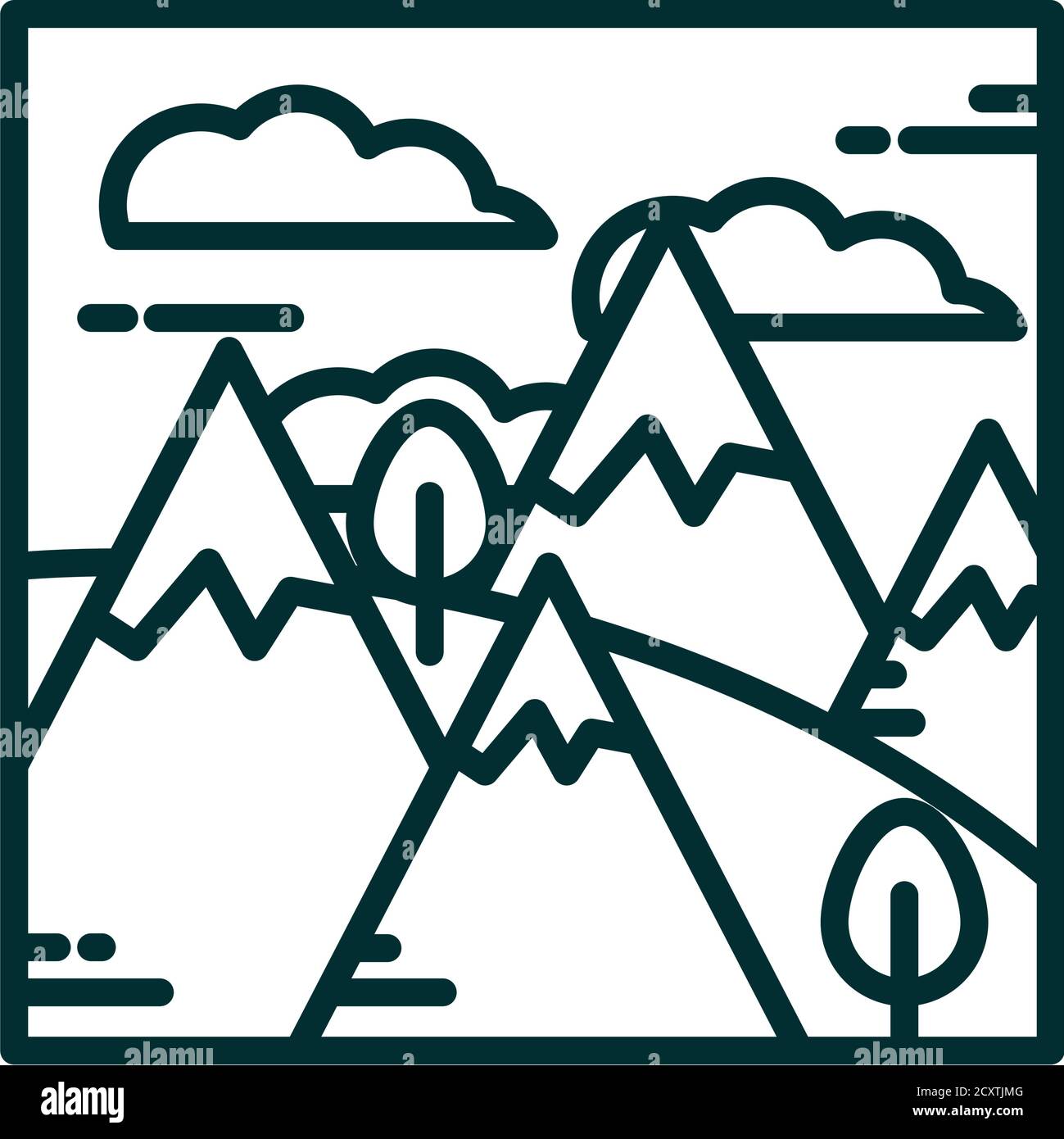 landscape mountains alps snow trees grass clouds sky cartoon line icon ...