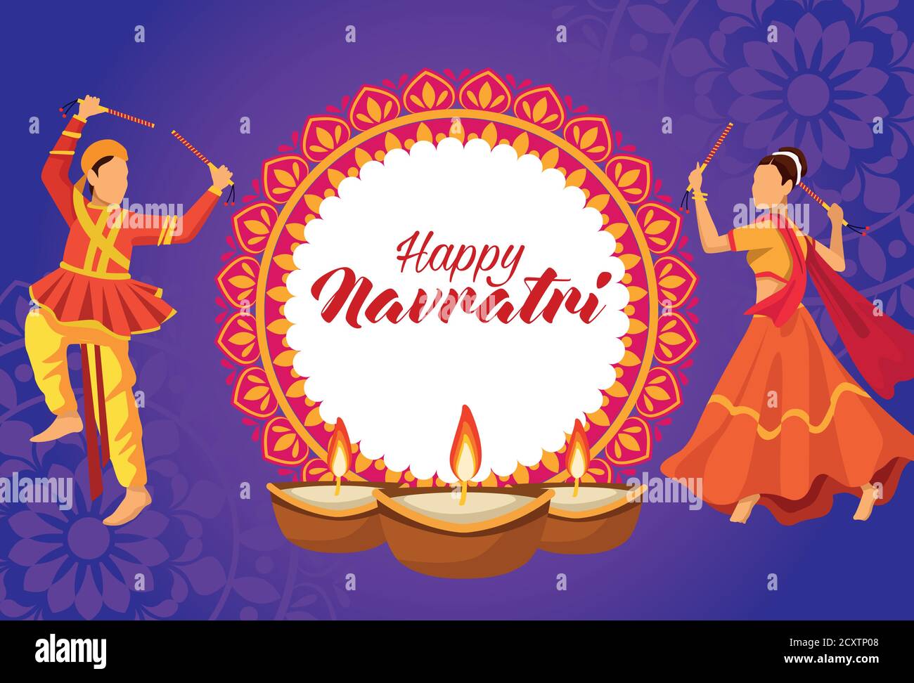happy navratri celebration with dancers couple and mandala vector ...