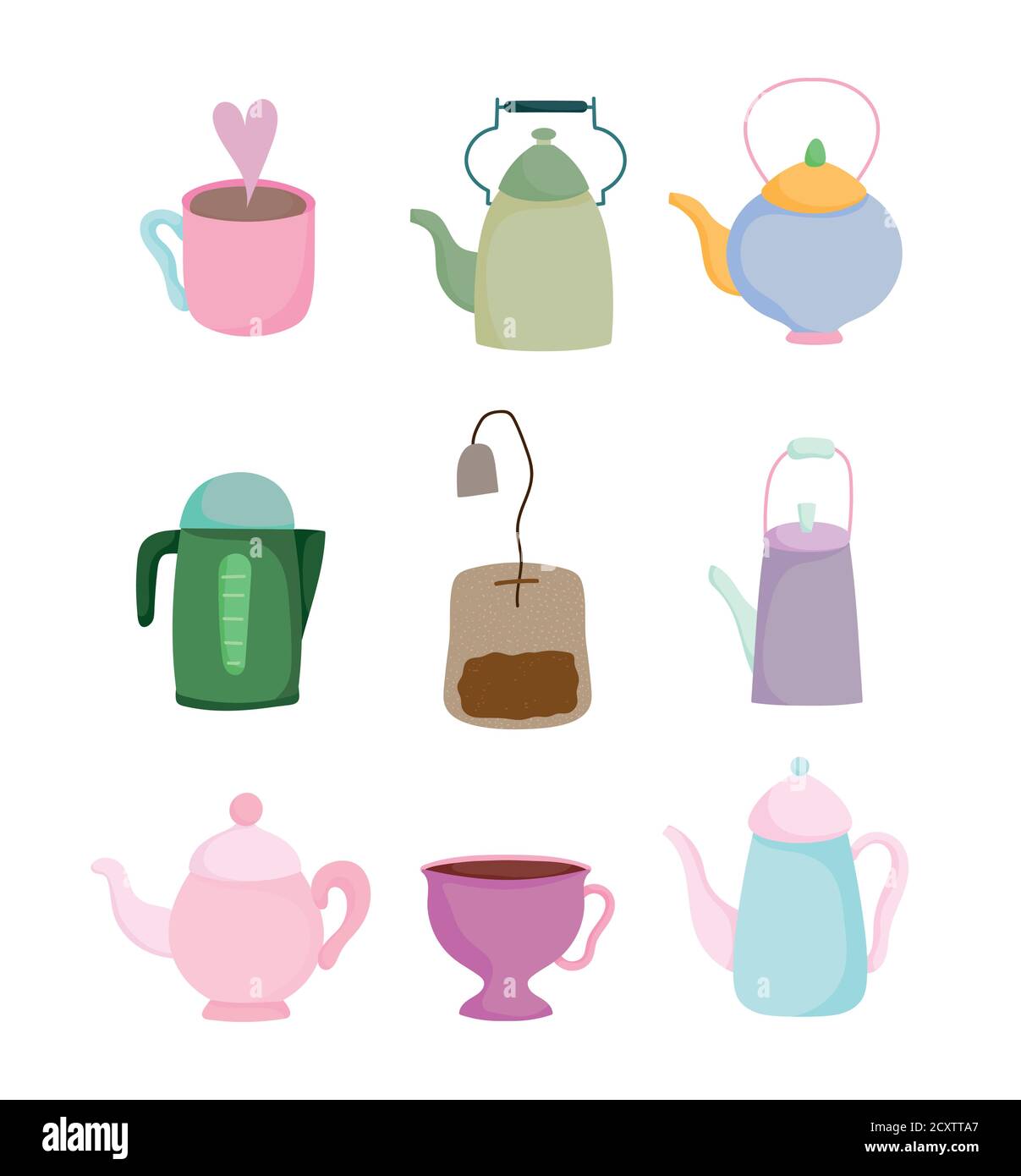 tea time kitchen ceramic drinkware, teabag, cups and kettle cartoon ...