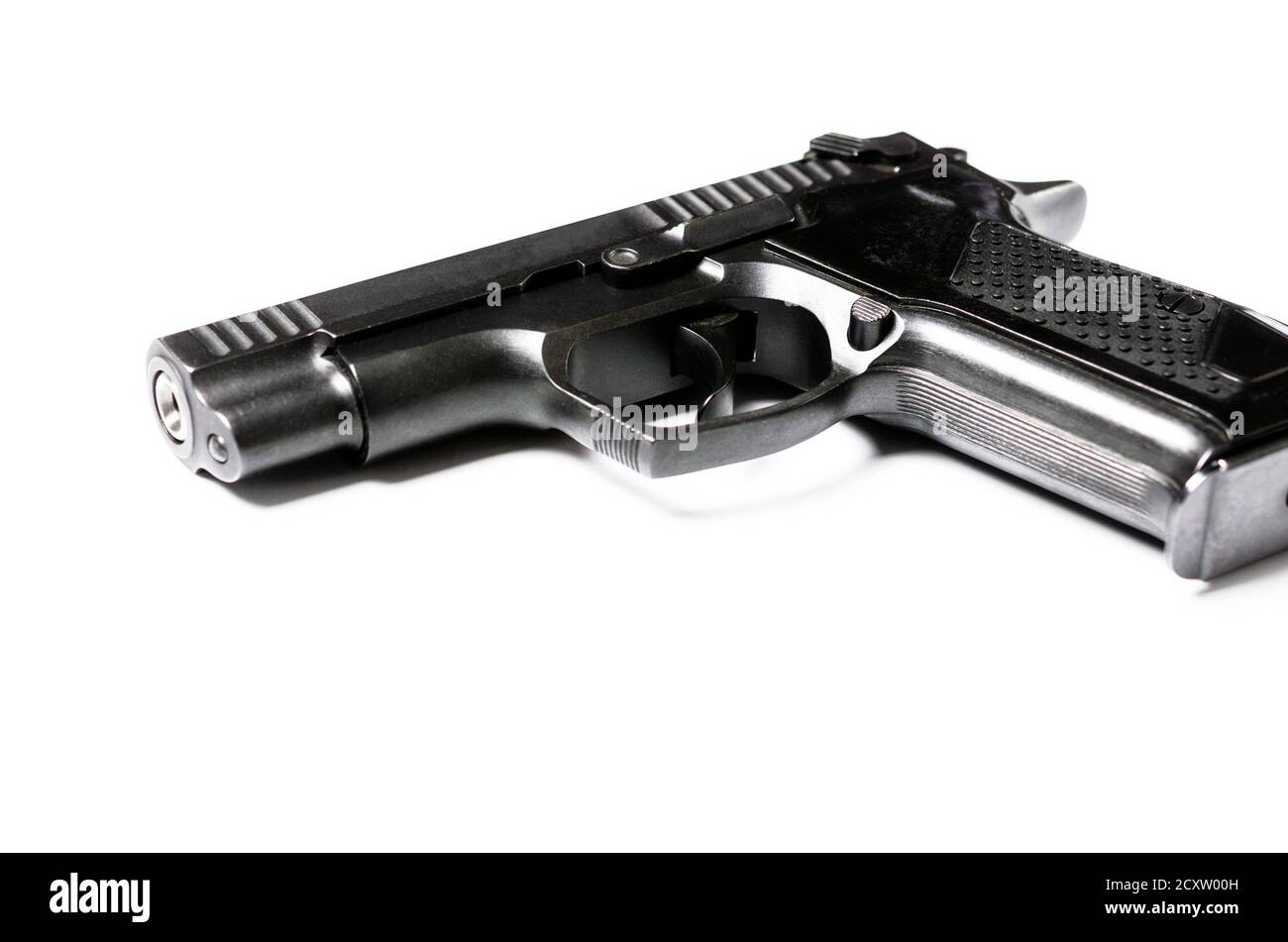 The legalization of weapons. Black traumatic gun on a white background ...