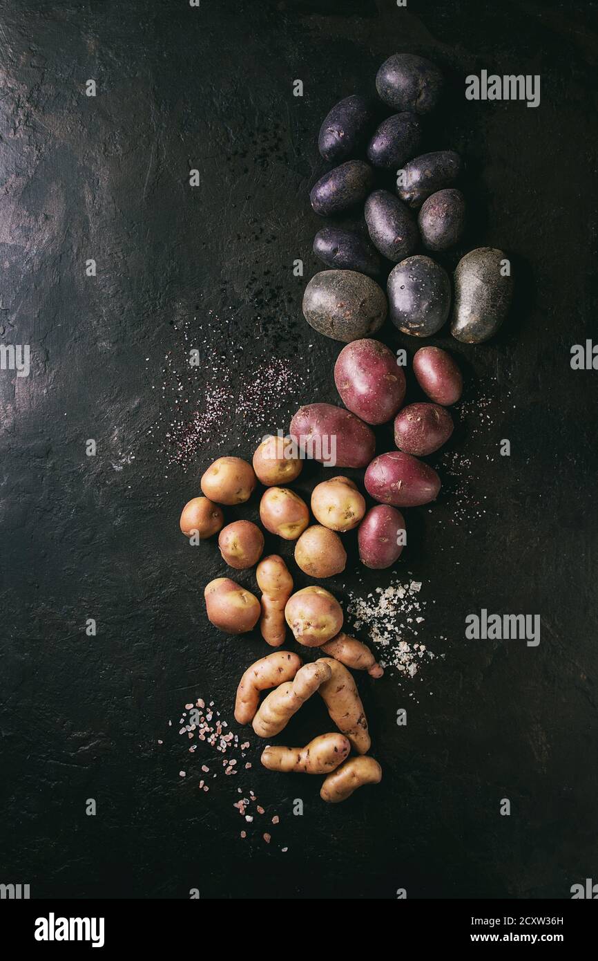 Variety of raw uncooked organic potatoes different kind and colors red ...