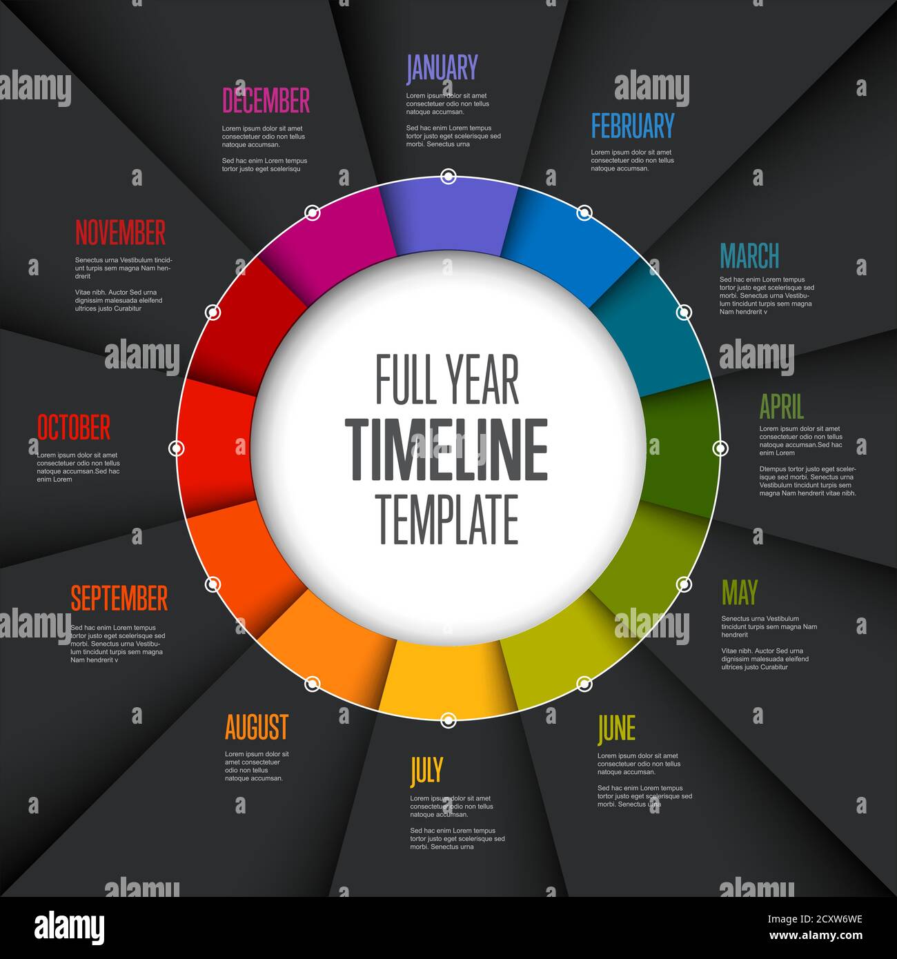 Full year timeline template with all months on circle folded rainbow ...