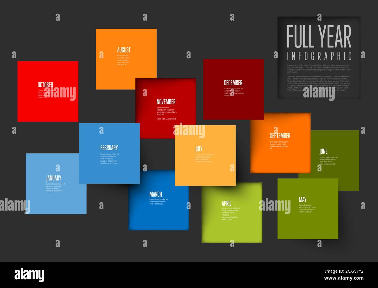 Full year timeline template with all months in random square mosaic ...