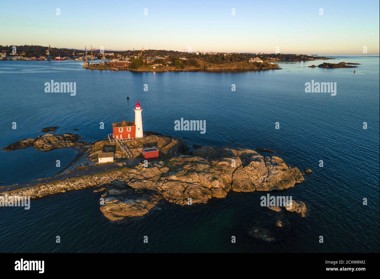 High angle shot of a Fisgard Lighthouse and Fort Rodd Hill in Colwood ...
