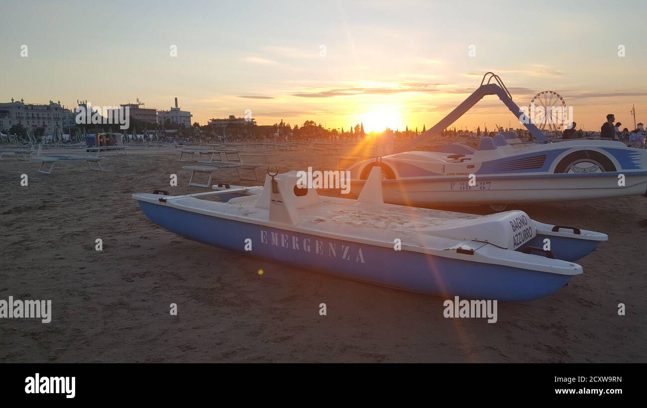 Skate moscone boat on the beach of Riccione at dawn. High quality photo ...