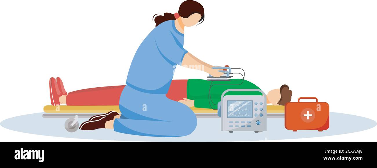 Emergency doctor giving first aid with defibrillator flat illustration ...