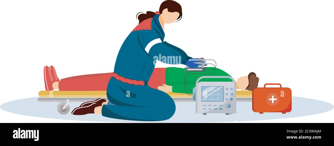 Paramedic giving first aid with defibrillator flat illustration Stock ...
