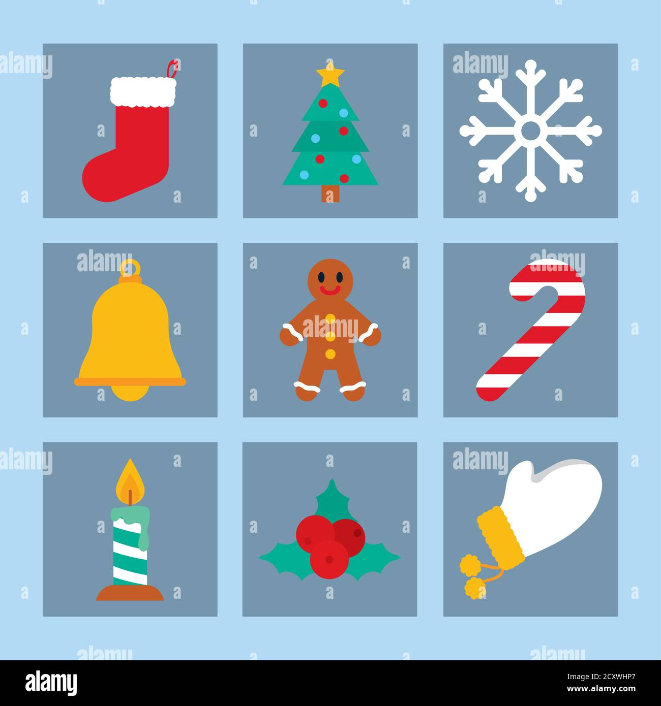 chirstmas tree and christmas icon set over blue background, flat style ...