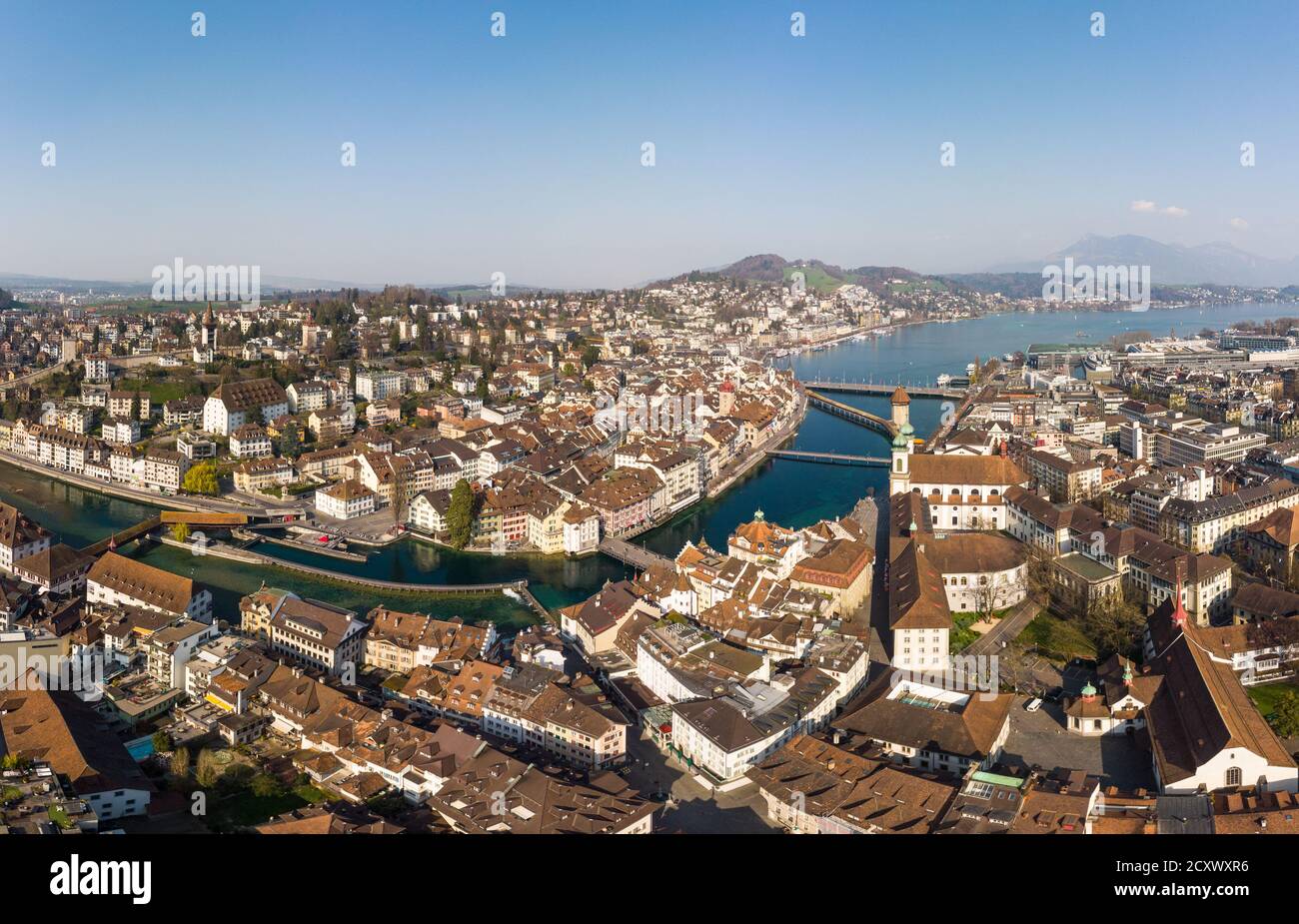 Aerial panorama of Lucerne old town with its famous Chapel bridge on ...