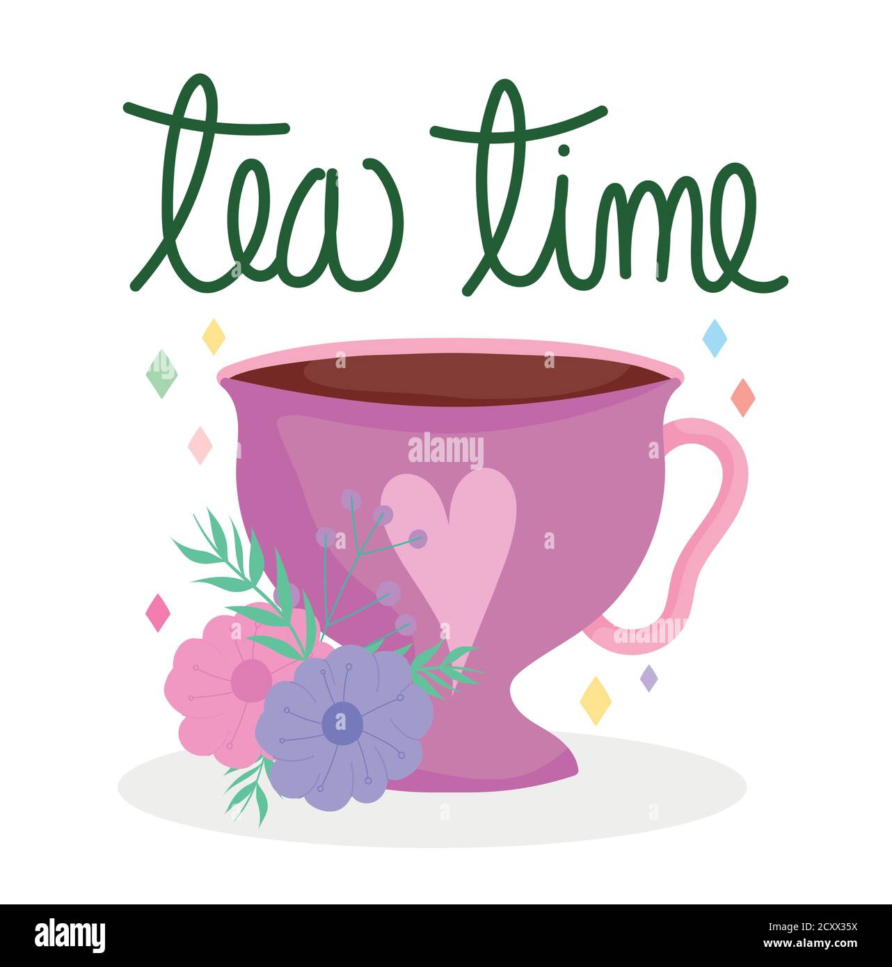 tea time pink cup heart and flowers decoration, kitchen ceramic ...