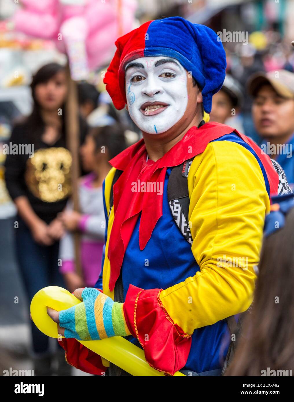 Ambato, Ecuador - Feb 15, 2015 - Mime performs for audience at Carnaval ...
