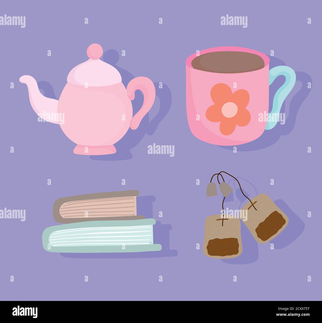 tea time, pink teapot cup books and teabag, kitchen ceramic drinkware ...