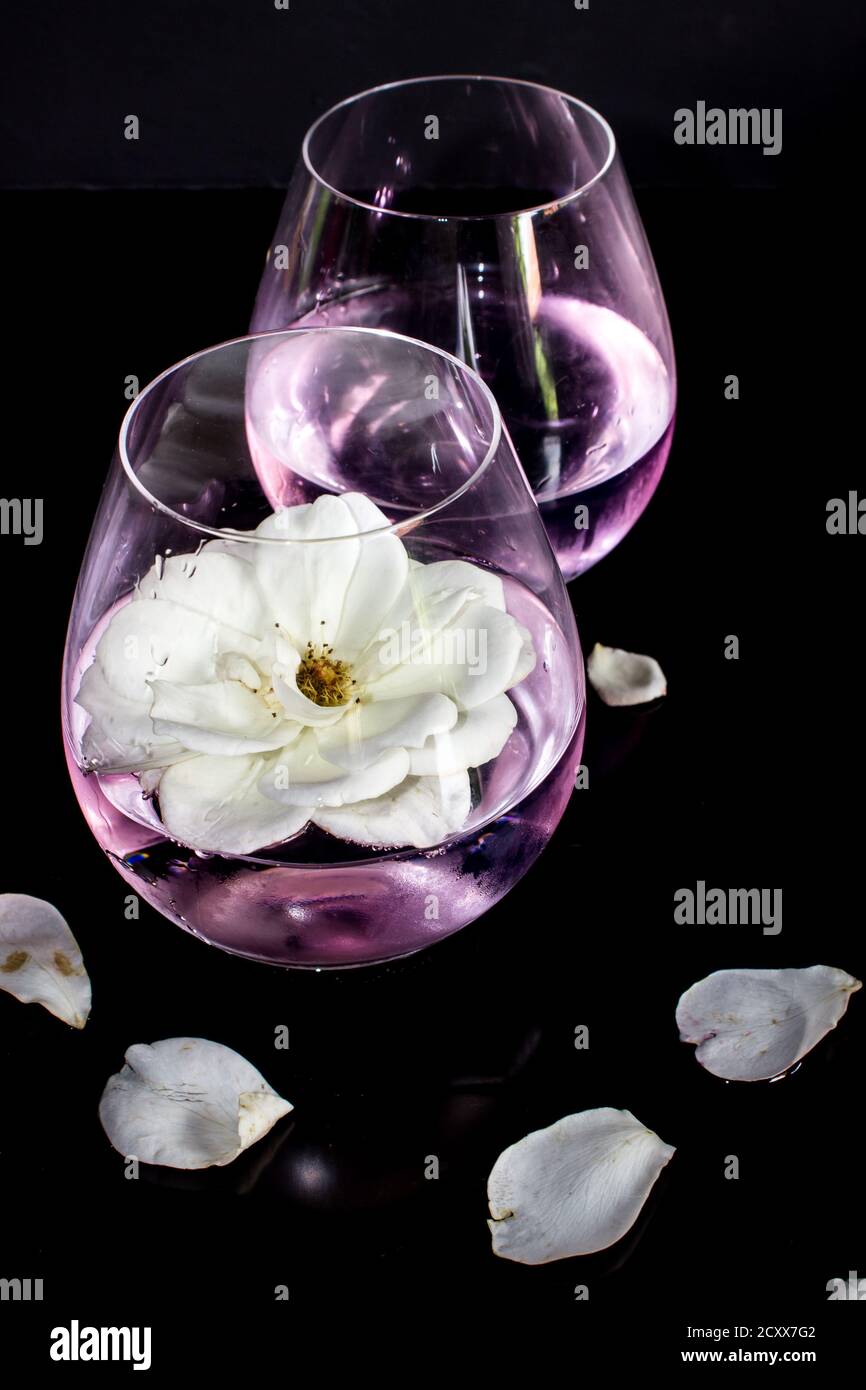 Two glasses of rose flavored, pink, Gin and Tonic, one garnished with a ...