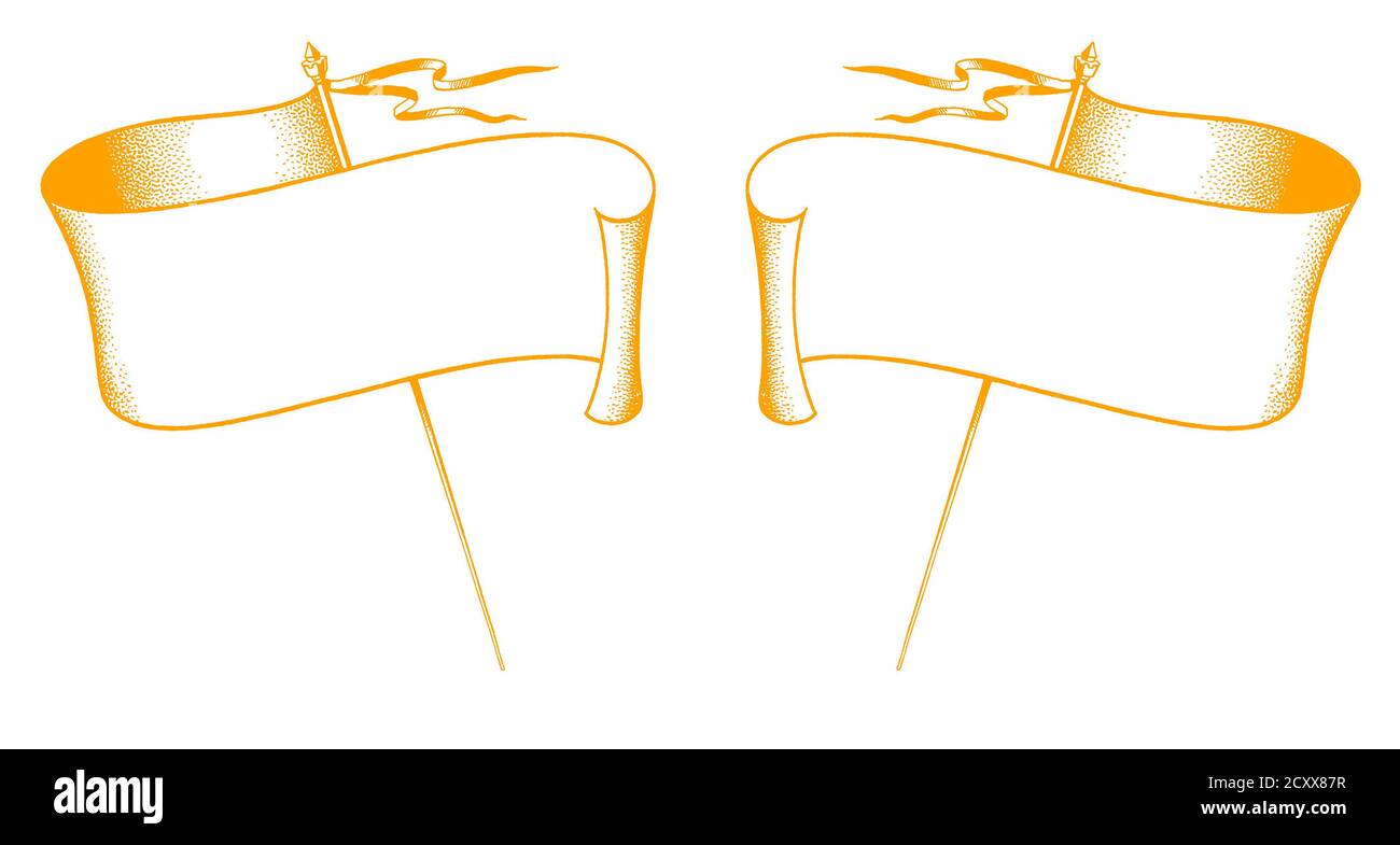 A line drawing in gold or yellow of a blank flag, pennant, ribbon or ...