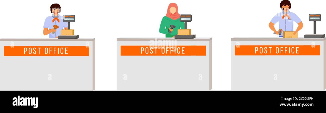 Post office female workers flat color vector illustration set Stock ...