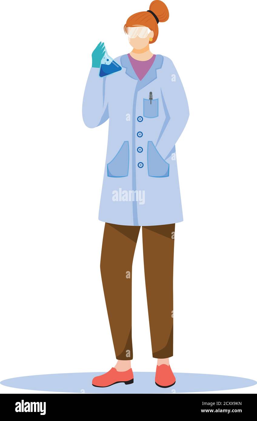 Scientist in lab coat with protection glasses flat vector illustration ...