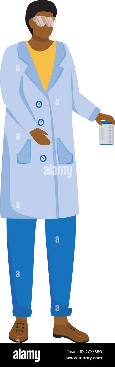 Scientist in lab coat with protection glasses flat vector illustration ...