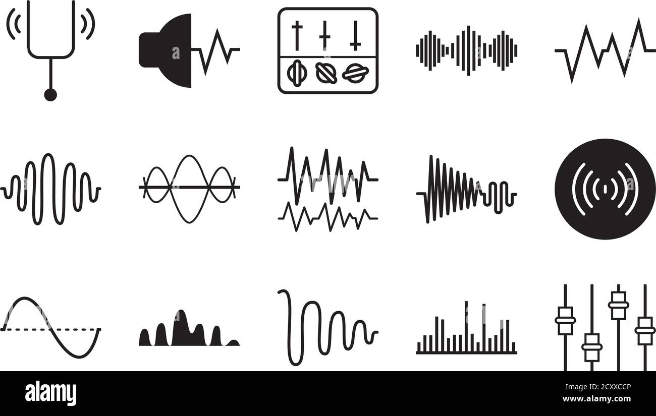 icon set of sound waves and tuning fork over white background, vector ...