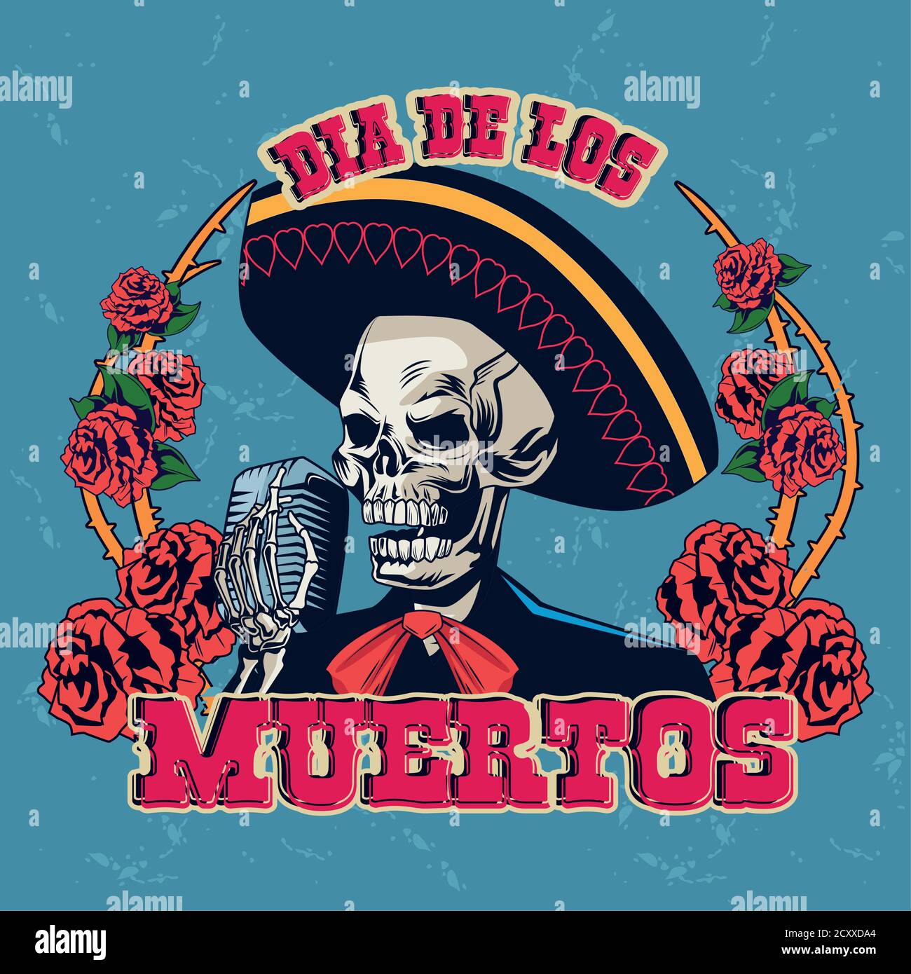 dia de los muertos poster with mariachi skull singing with microphone ...