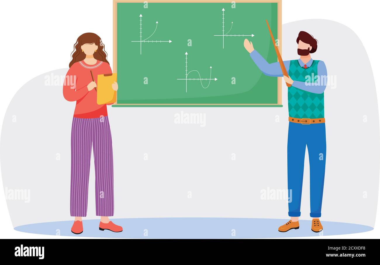 Teacher explains math graphs on chalkboard flat vector illustration ...