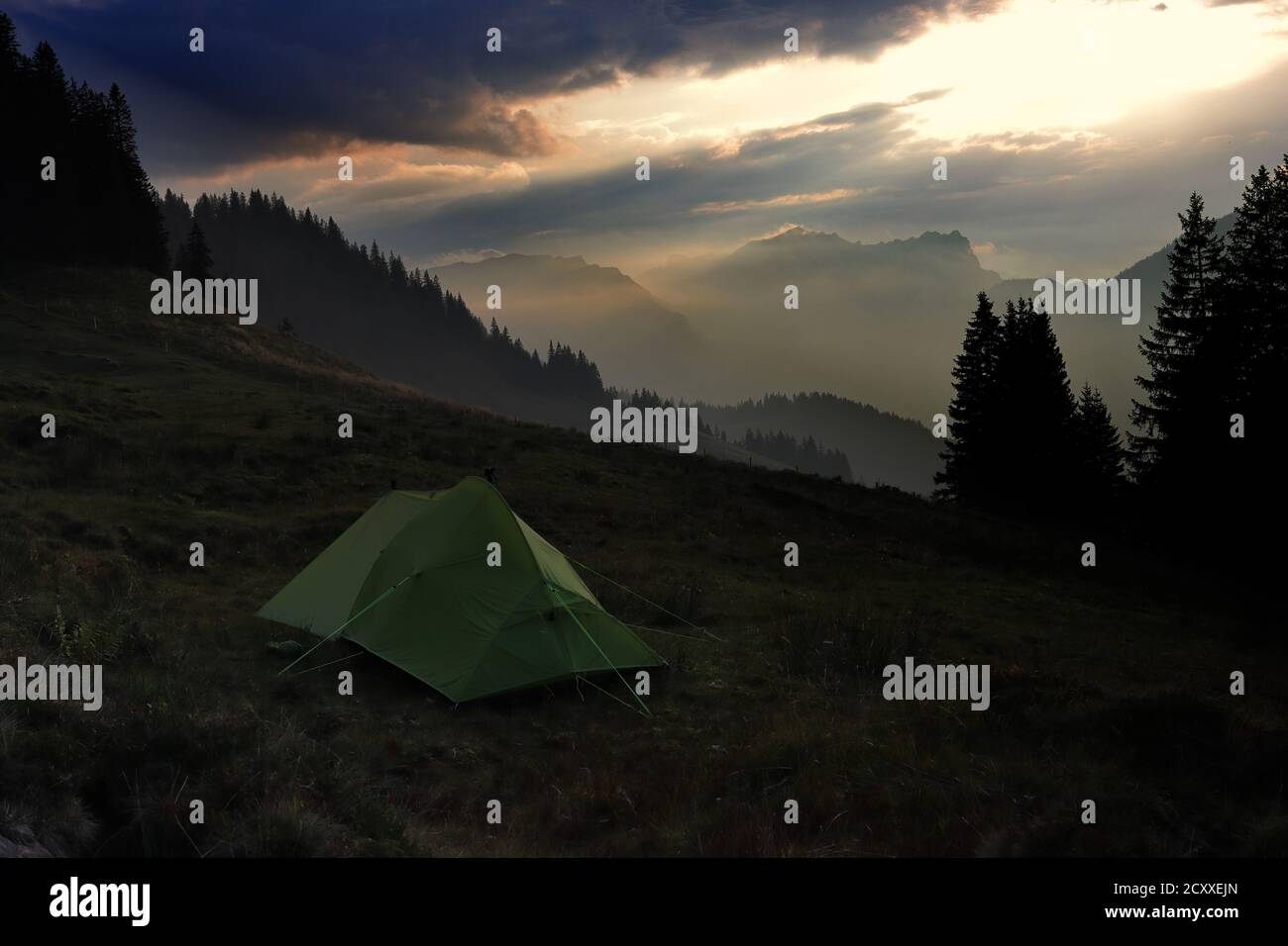Tent on an alpine meadow during a trekking tour (high alpine trekking ...