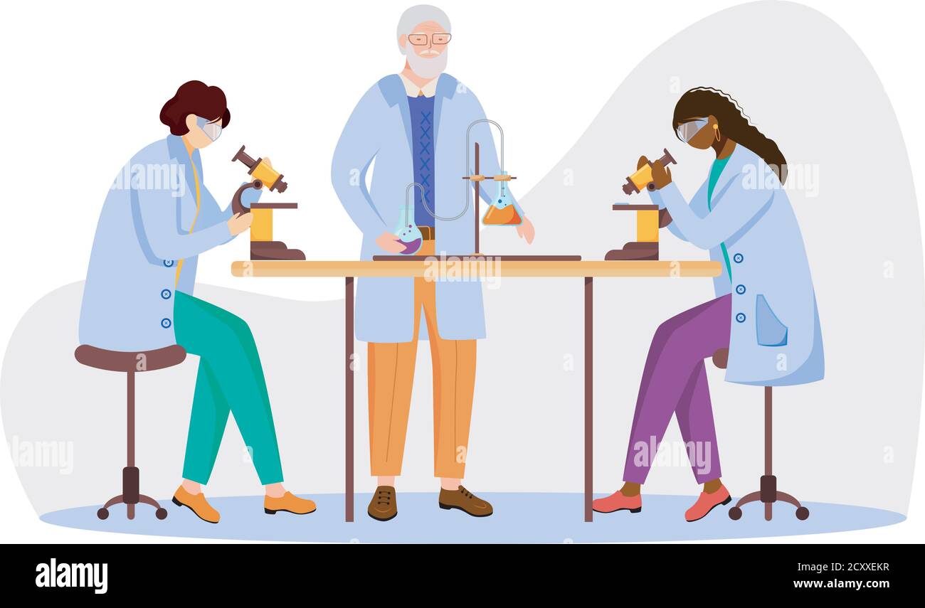 Science students and professor in lab coats flat vector illustration ...