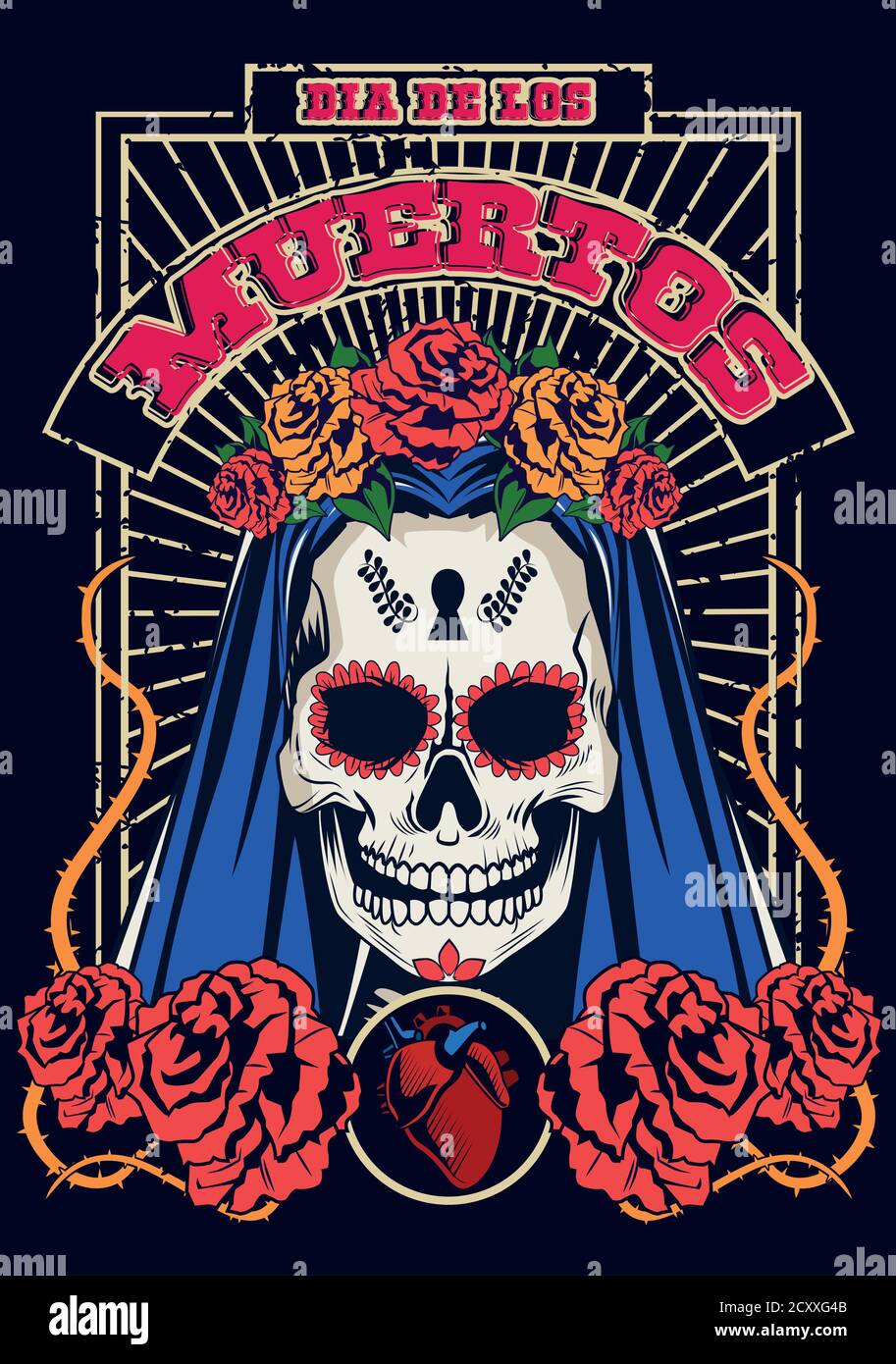 dia de los muertos celebration with woman skull and heart vector ...