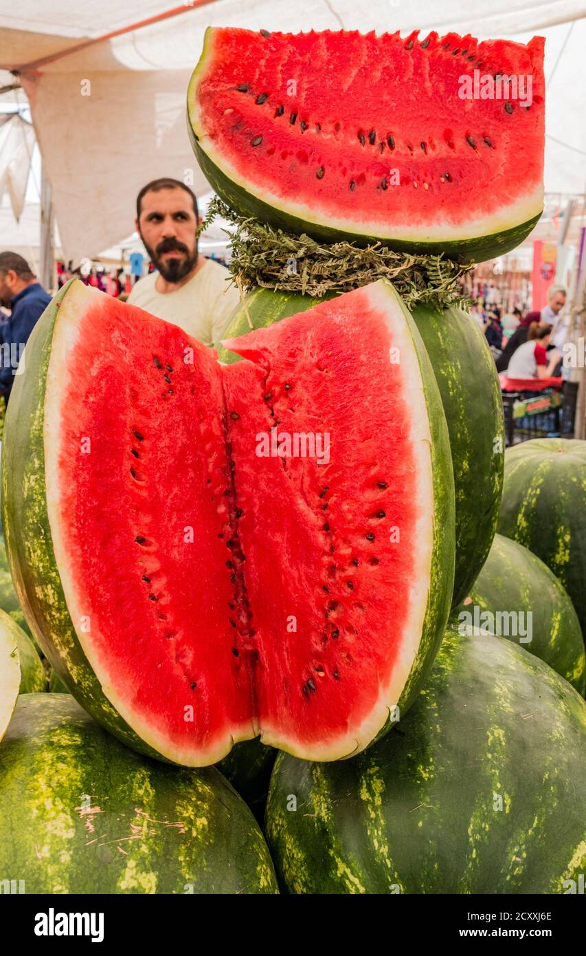 Istanbul, Turkey - May 31, 2016 - Waternelons are cut open for display ...