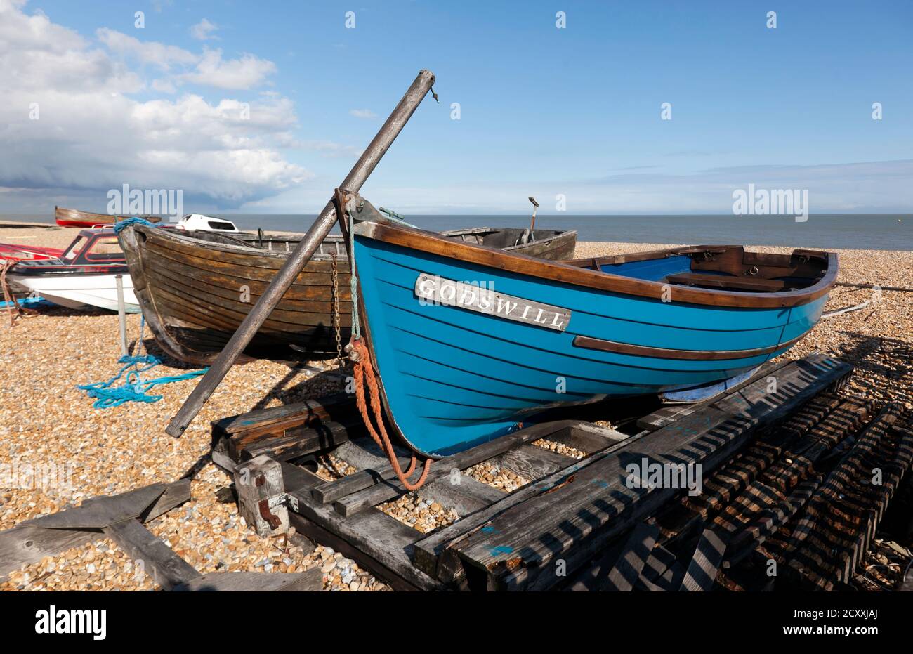 Godswill, A Clinker built, wooden fishing boat, on Walmer Beach, Kent ...