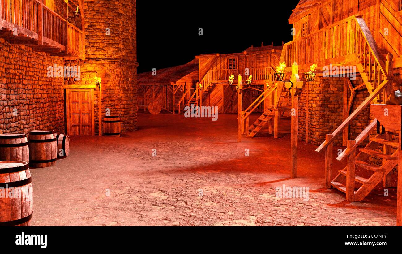 3D rendering of a medieval fortress village at night Stock Photo - Alamy