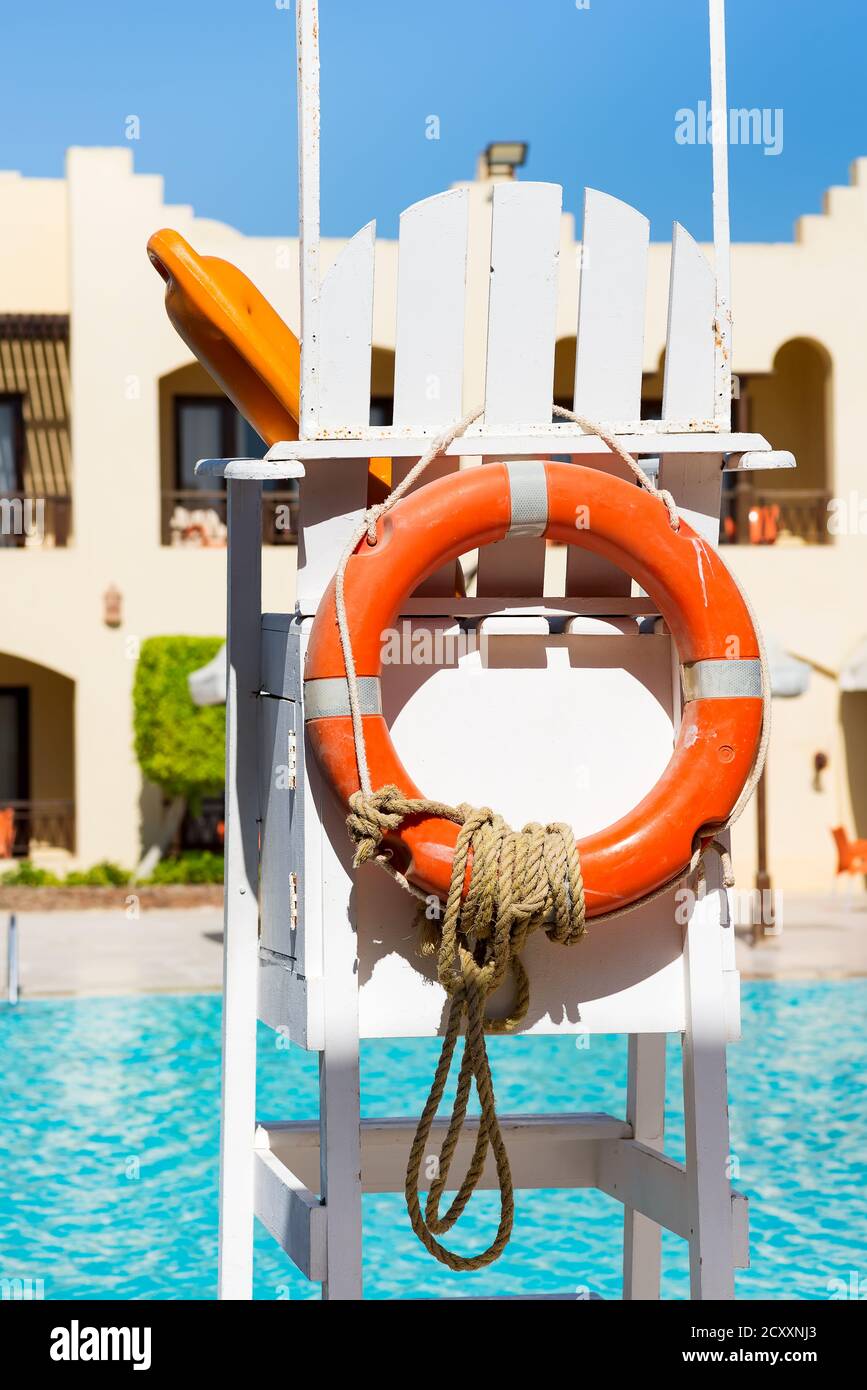 Lifeguard beach tower with equipment near swimming pool Stock Photo - Alamy