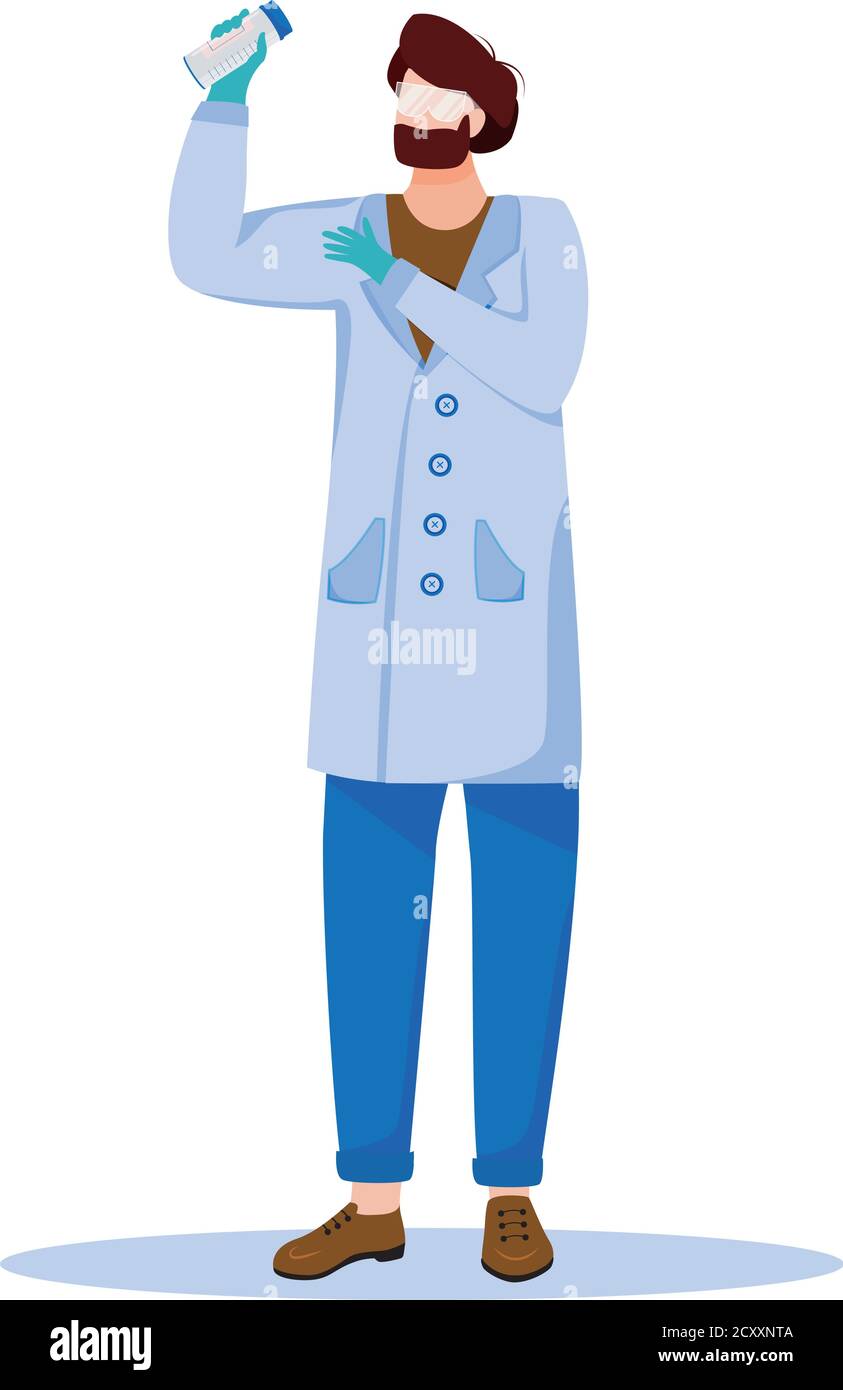 Scientist in lab coat with protection glasses flat vector illustration ...