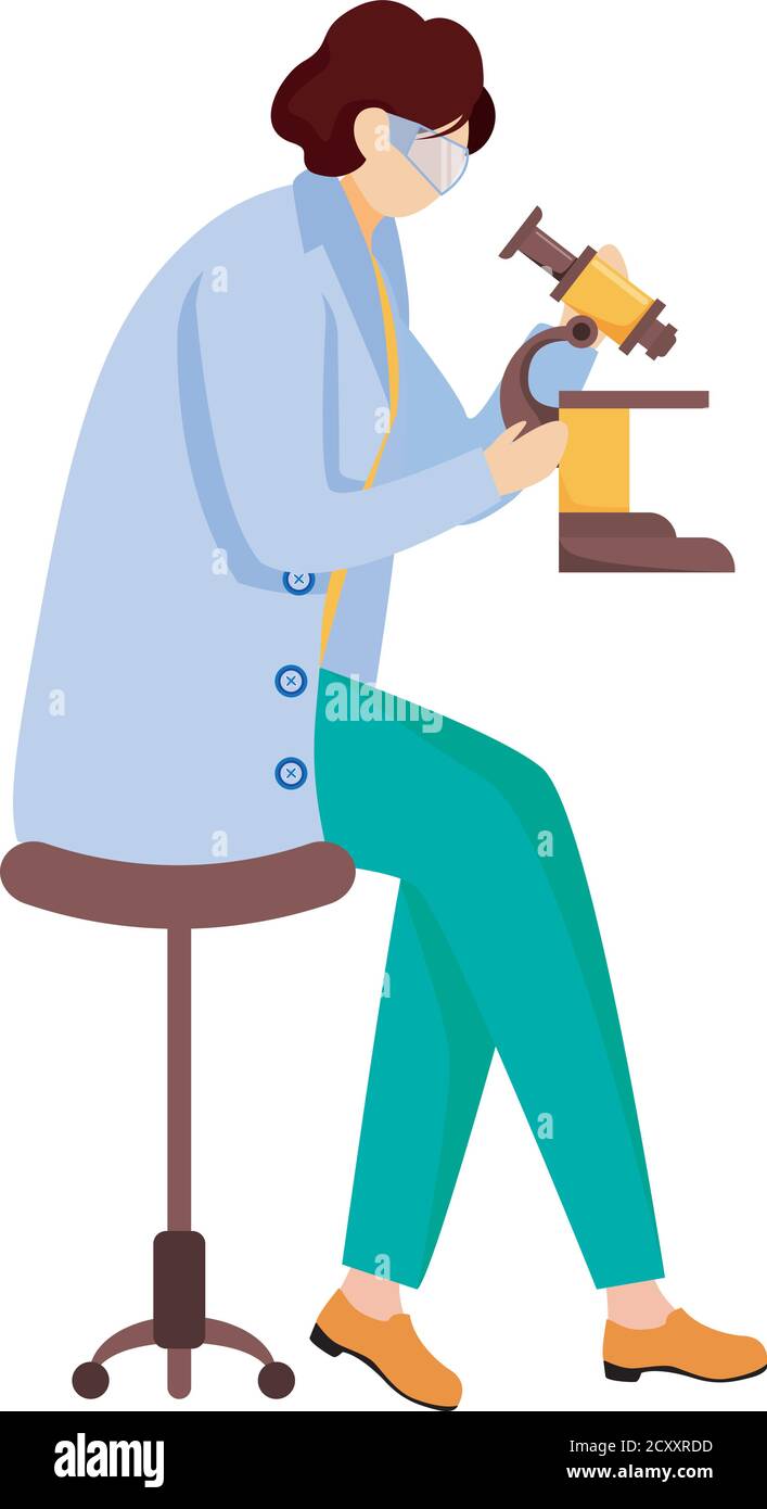 Scientist in blue lab coat with protection glasses flat vector ...