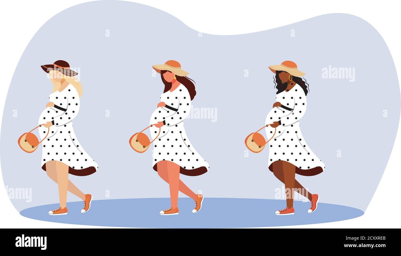 Walking Pregnant Girls Flat Vector Illustrations Set Stock Vector Image