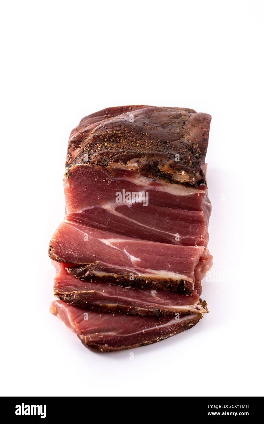Dried and smoked meat isolated on white background Stock Photo - Alamy