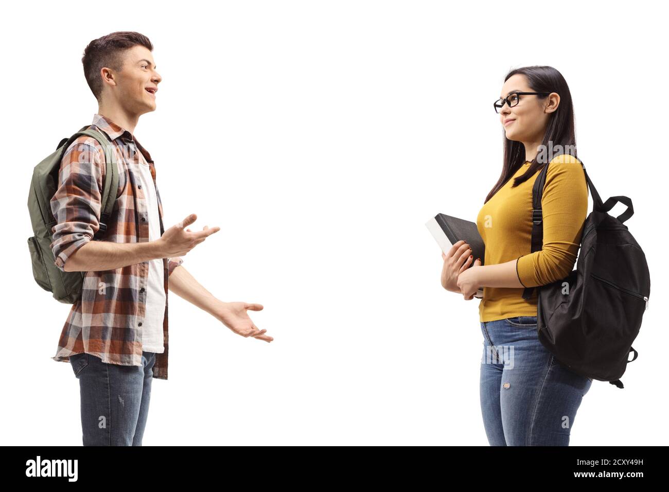 Students talking isolated on white background Stock Photo - Alamy