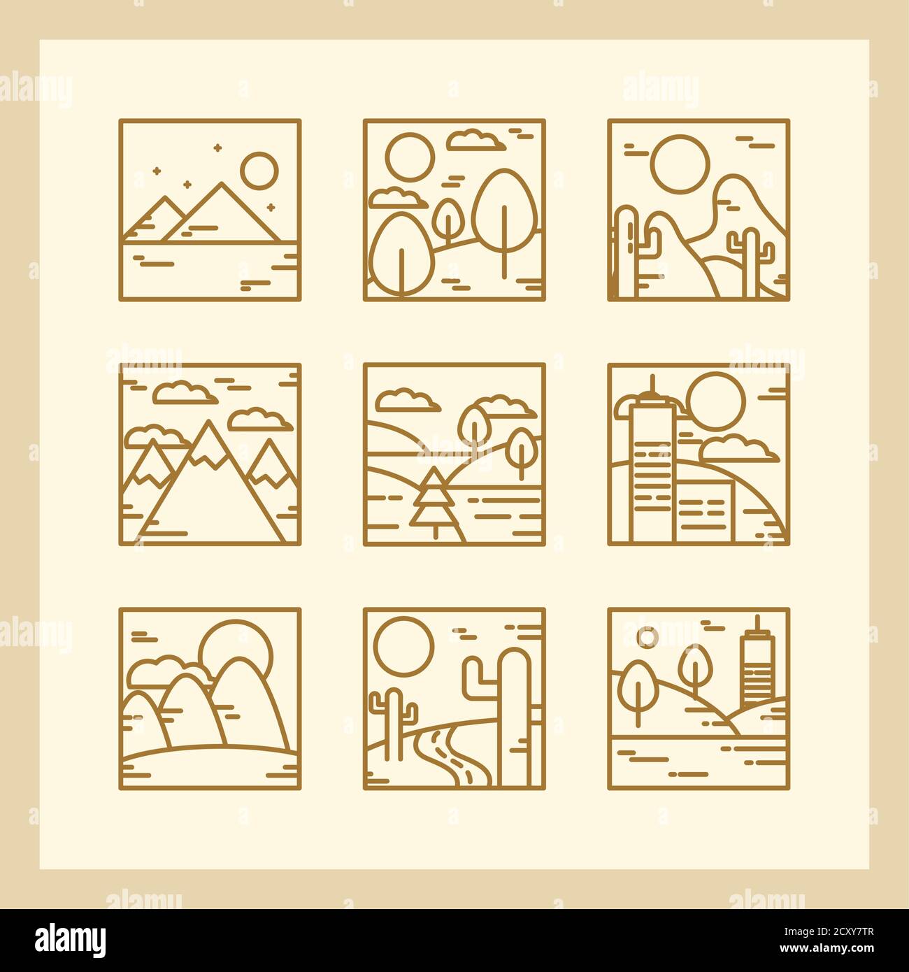 landscapes icons set, nature mountains summer night ocean road line ...