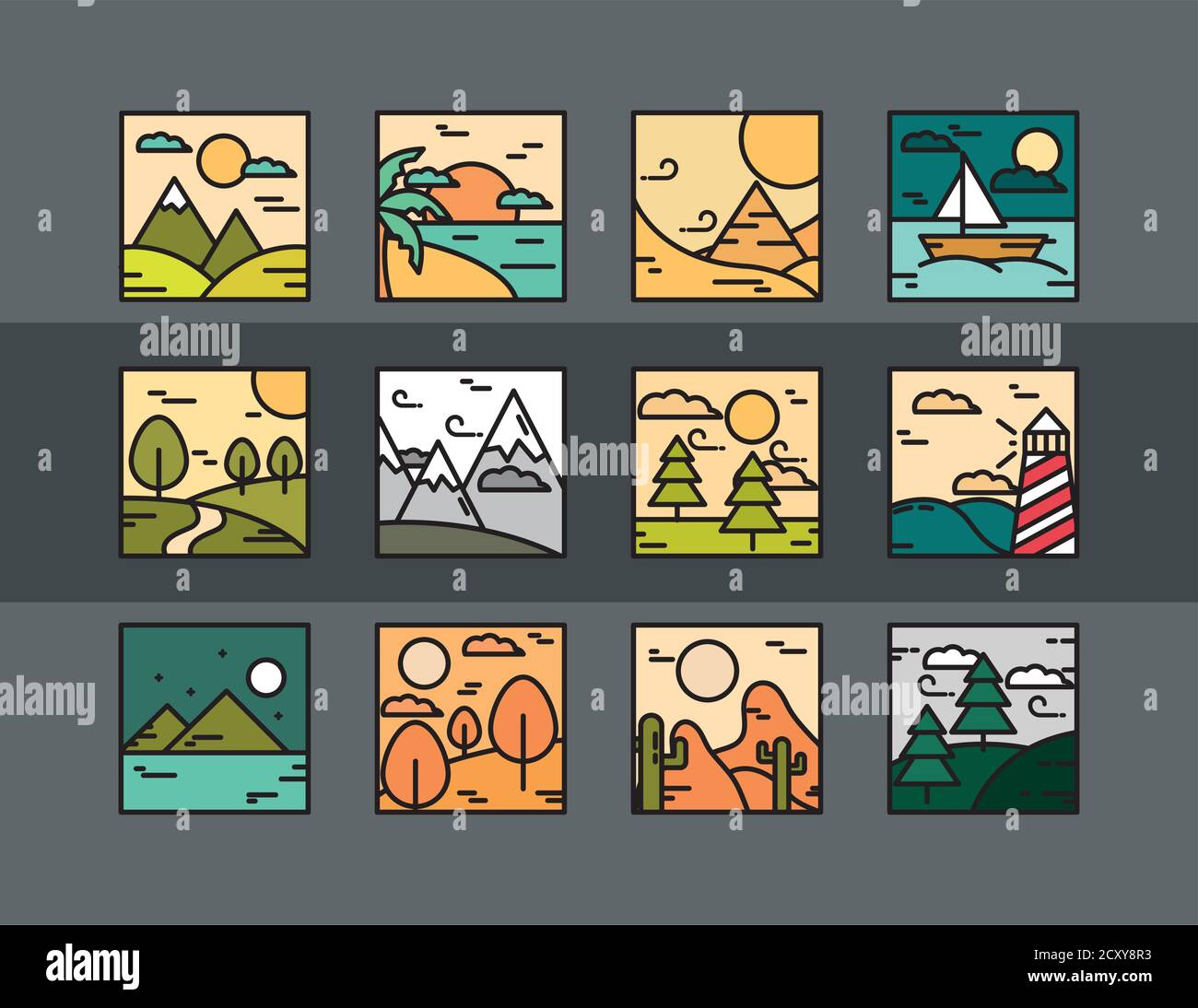 landscapes nature tropical desert ocean scenery icons line and fill ...