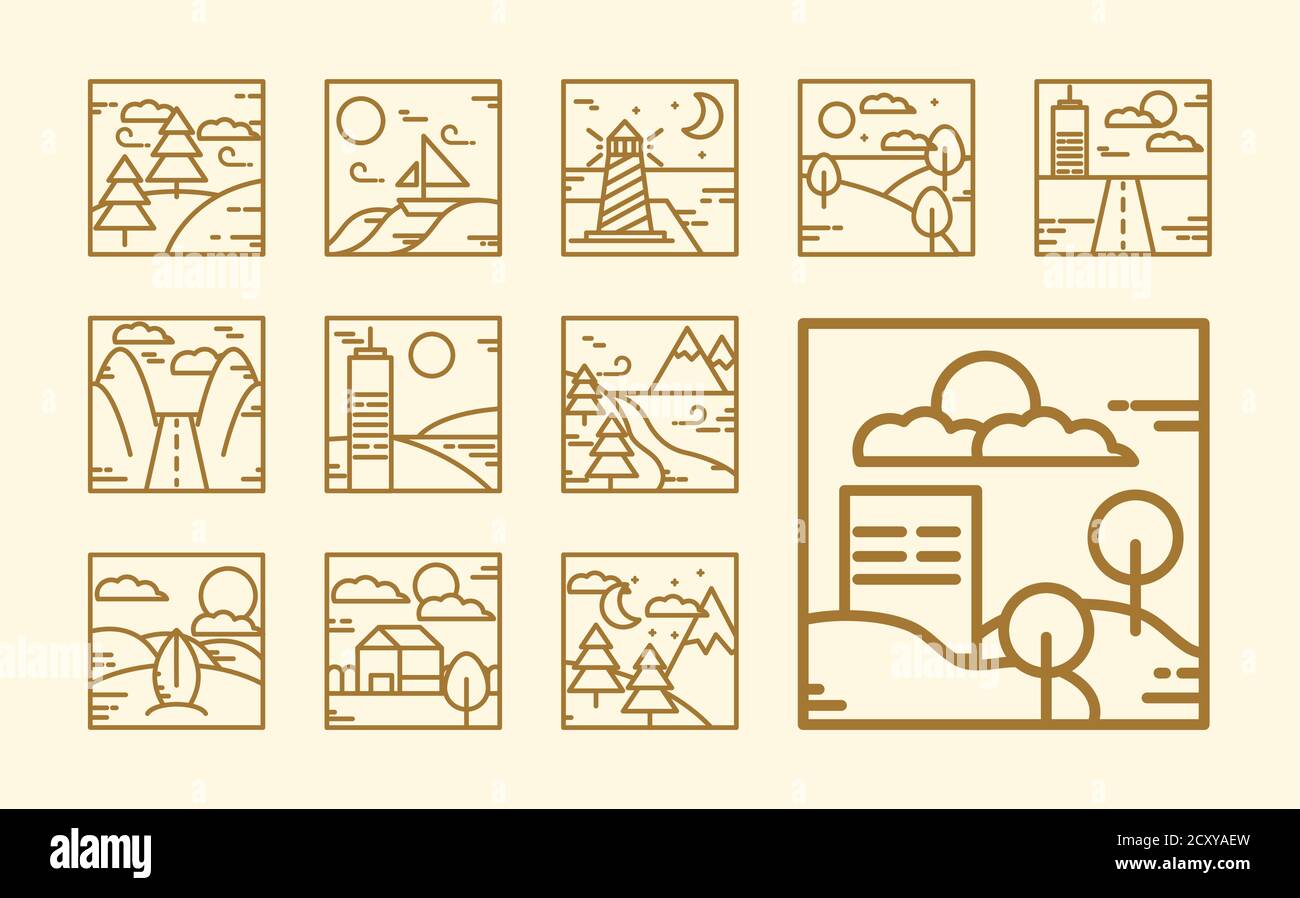 landscape icons of mountains, ocean tropical countryside and forest ...