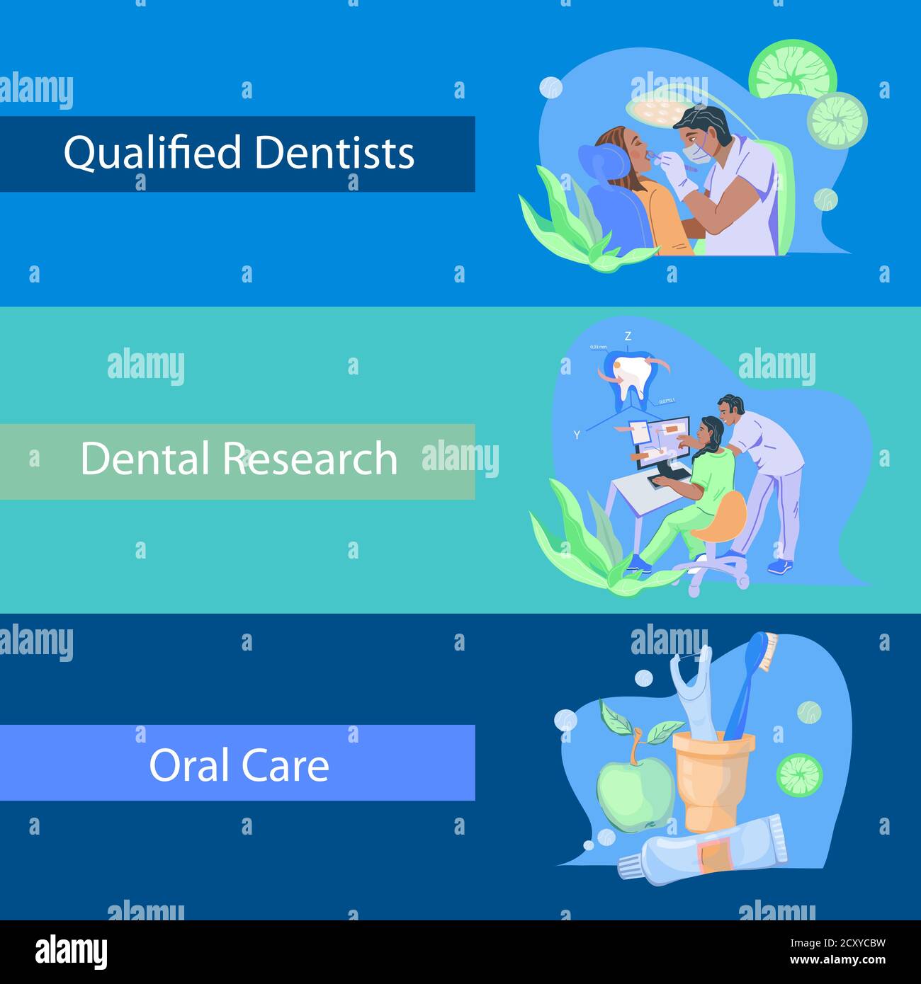 Dentist banners set with dental care symbols flat vector illustration ...