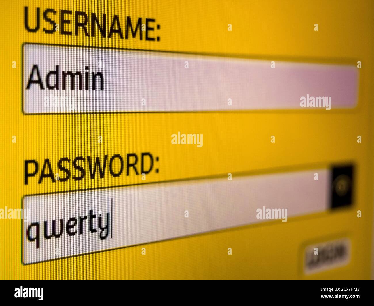 Closeup of login and password screen on LED pc display. Login in text ...