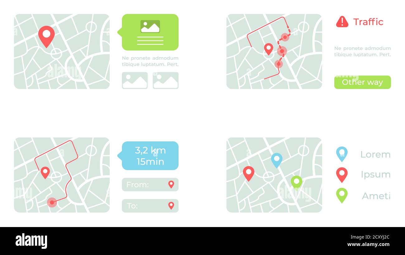 Maps with routes UI elements kit Stock Vector Image & Art - Alamy